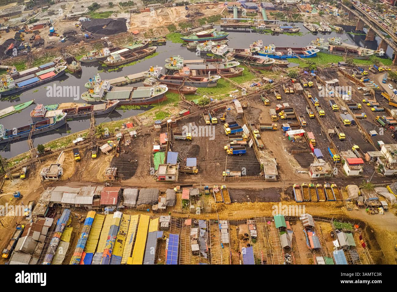 Aerial view of Gabtoli Cattle market, a colourful and busy city market ...