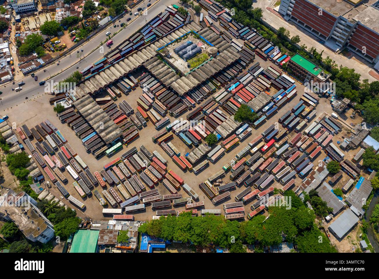 Aerial view of Mohakhali, a bus terminal station and parking lot ...