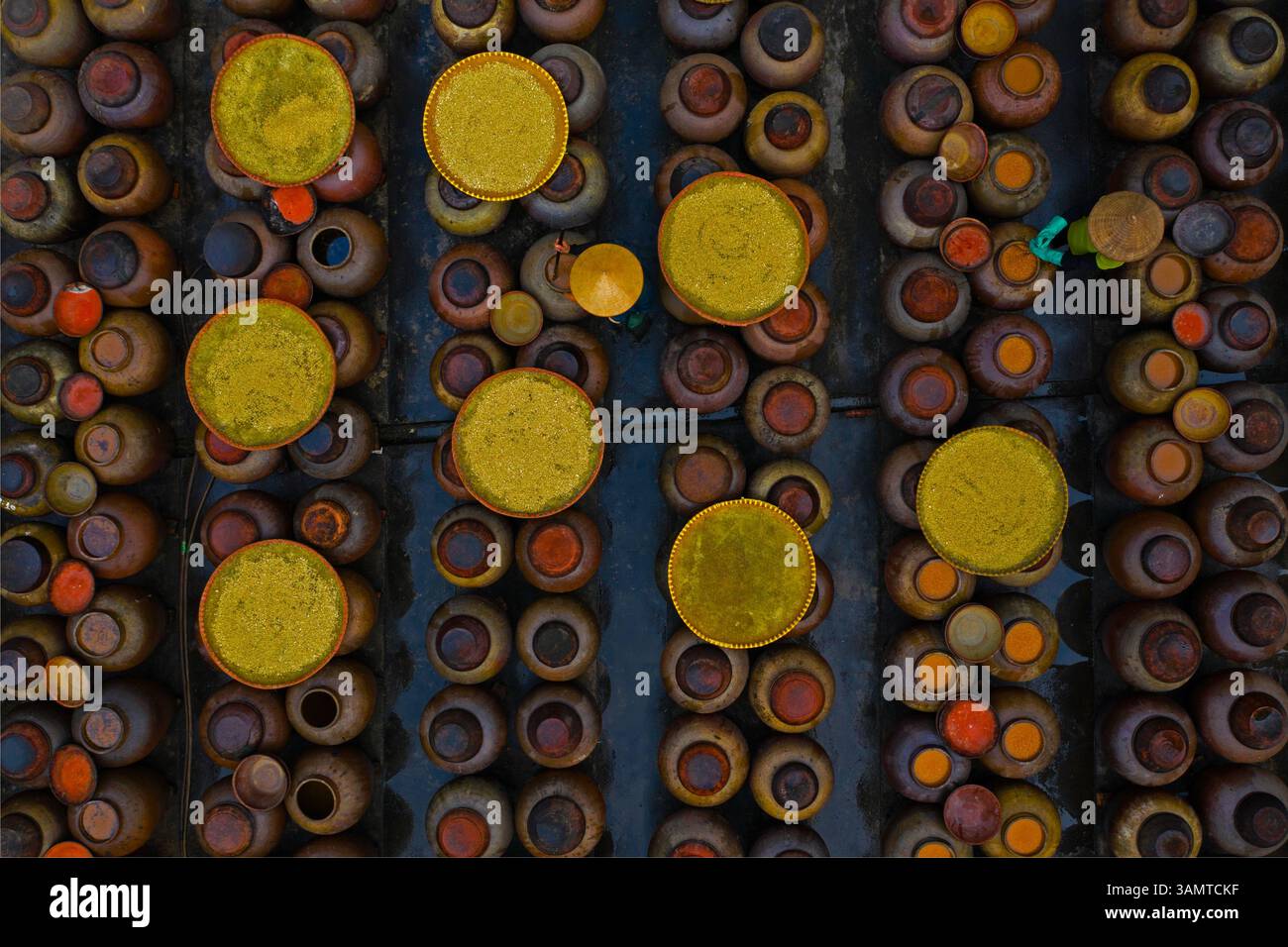 Aerial view of people working in a factory processing Soya source ...