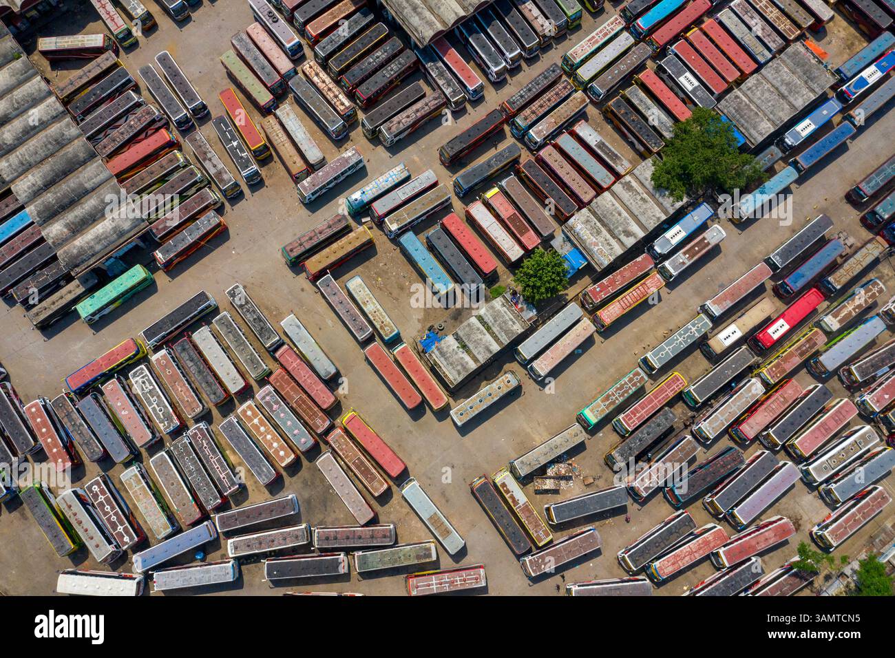 Aerial view of Mohakhali, a bus terminal station and parking lot ...