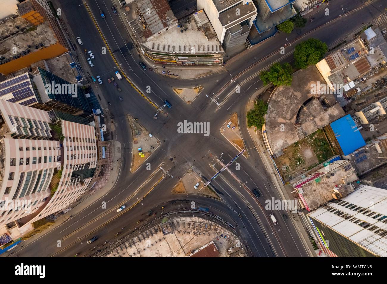 Aerial view of an empty junction in Dhaka city centre, view of the ...