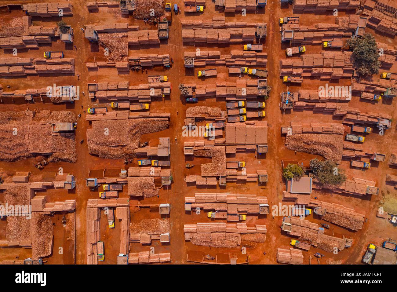 Aerial view of a brick factory from above, view of thousands of bricks ...
