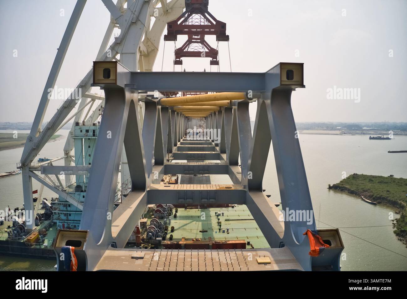 Aerial view of a building site while assembling the Padma bridge, the ...