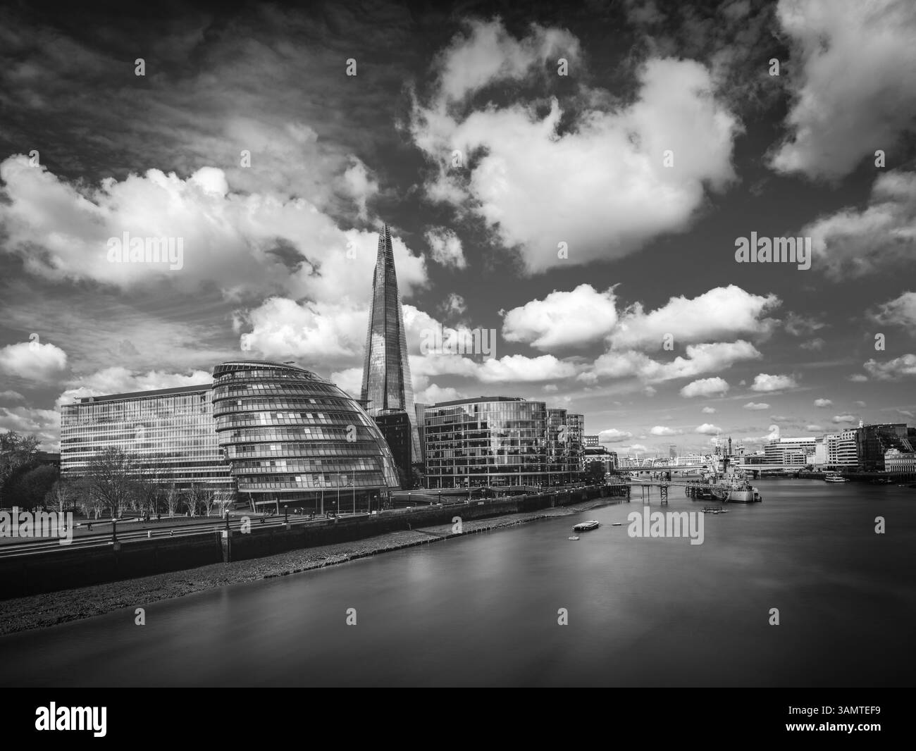 The Shard cityscape shot from Tower Bridge in black and white Stock ...