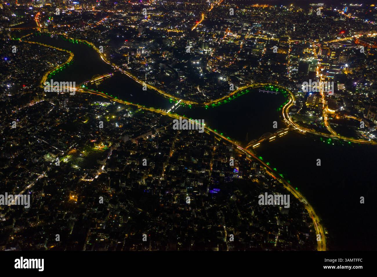 Aerial view of Dhaka cityscape and Gulshan lake at night, Dhaka ...