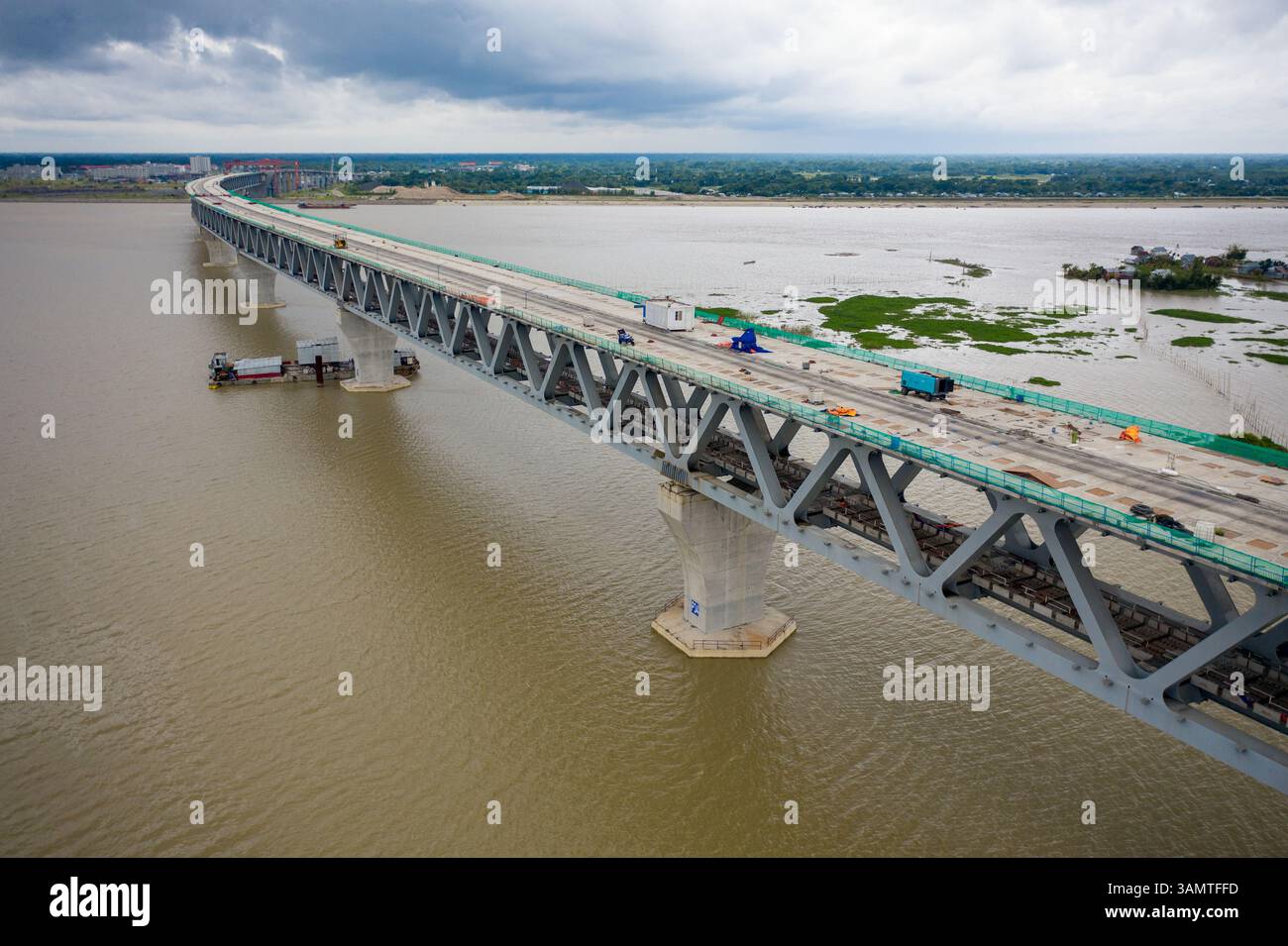 Aerial view of a construction site on Padma bridge crossing Padma river ...