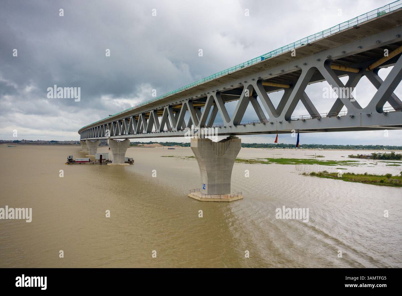 Aerial view of a construction site on Padma bridge crossing Padma river ...