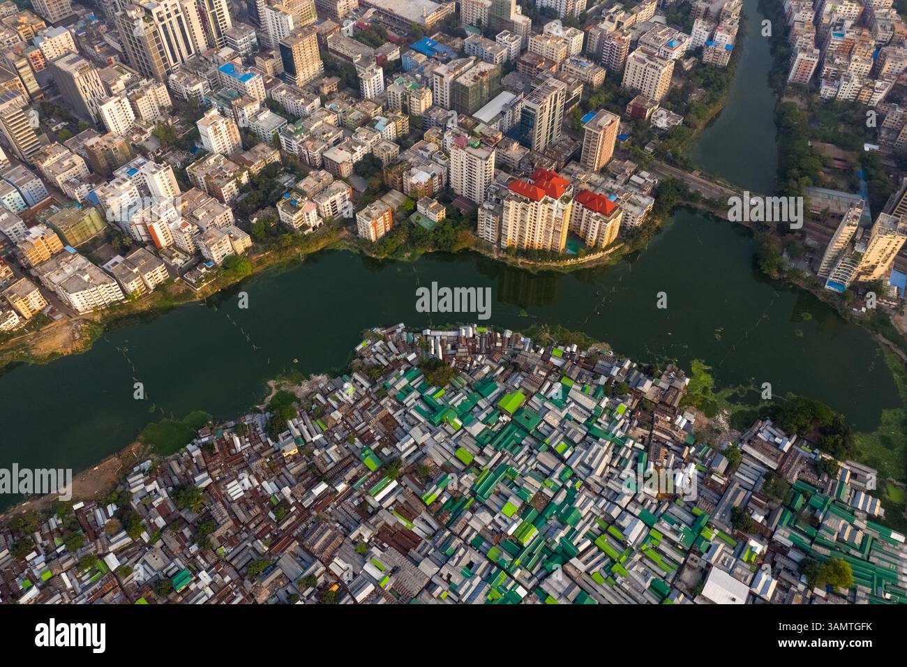 Aerial view of Karail district, a huge slum highly populated with ...