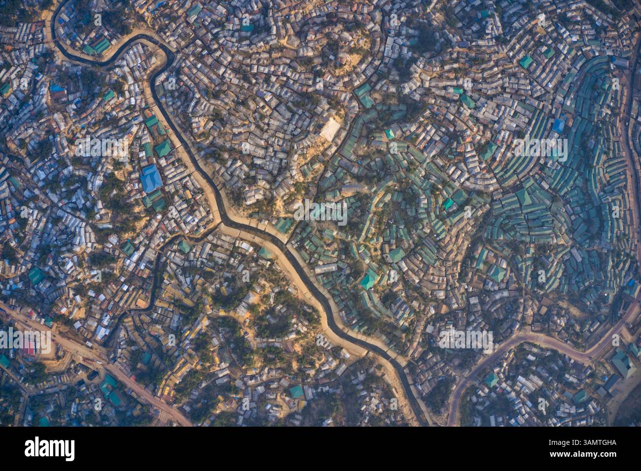 Aerial view of a huge refugee camp with makeshift houses near Myanmar ...