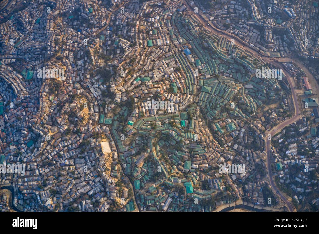 Aerial view of a huge refugee camp with makeshift houses near Myanmar ...
