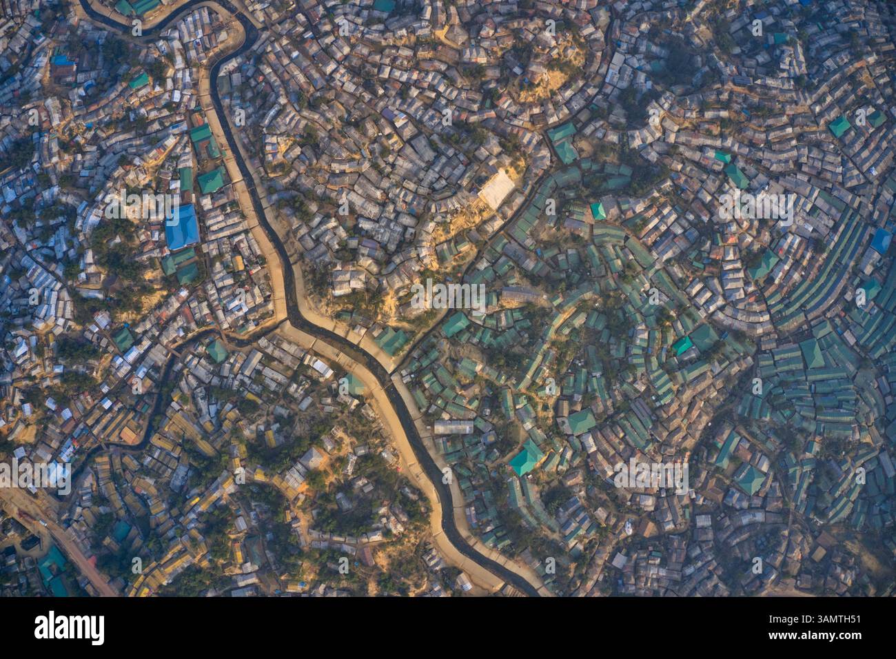 Aerial view of a huge refugee camp with makeshift houses near Myanmar ...