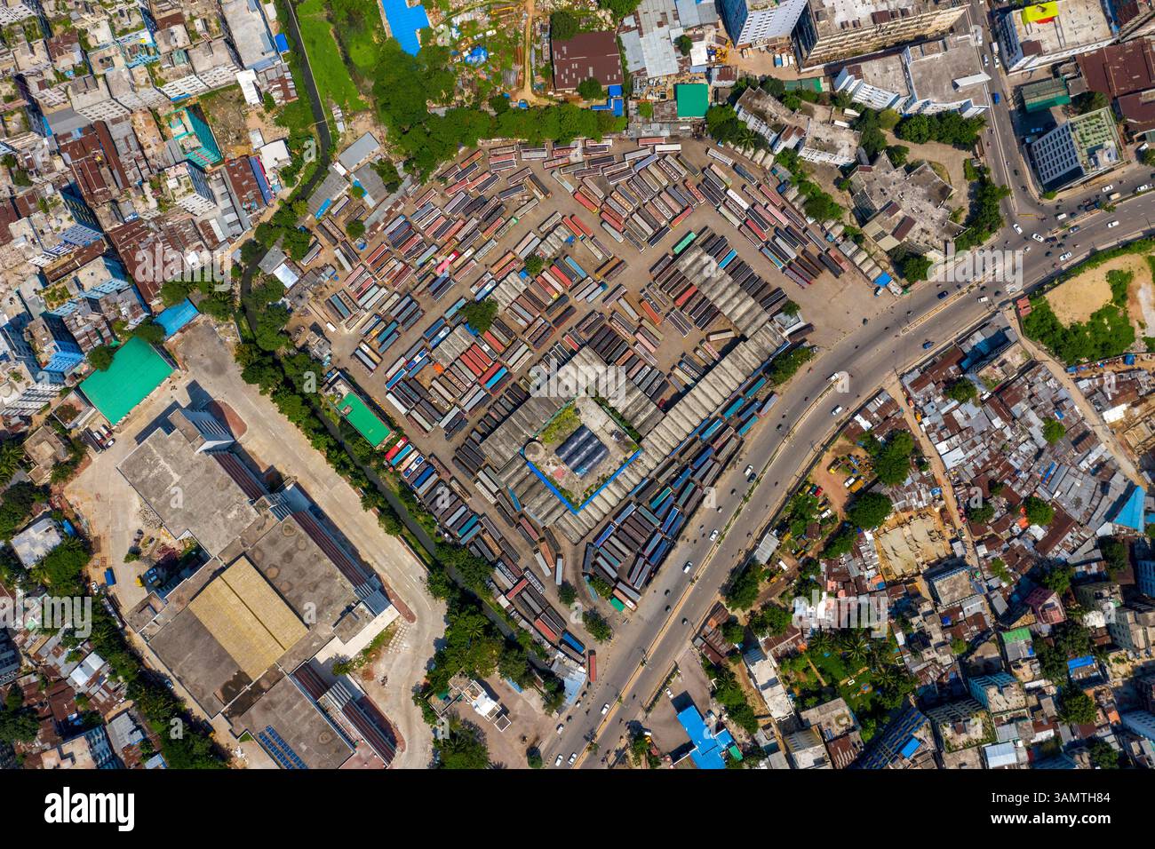 Aerial view of Mohakhali, a bus terminal station and parking lot ...