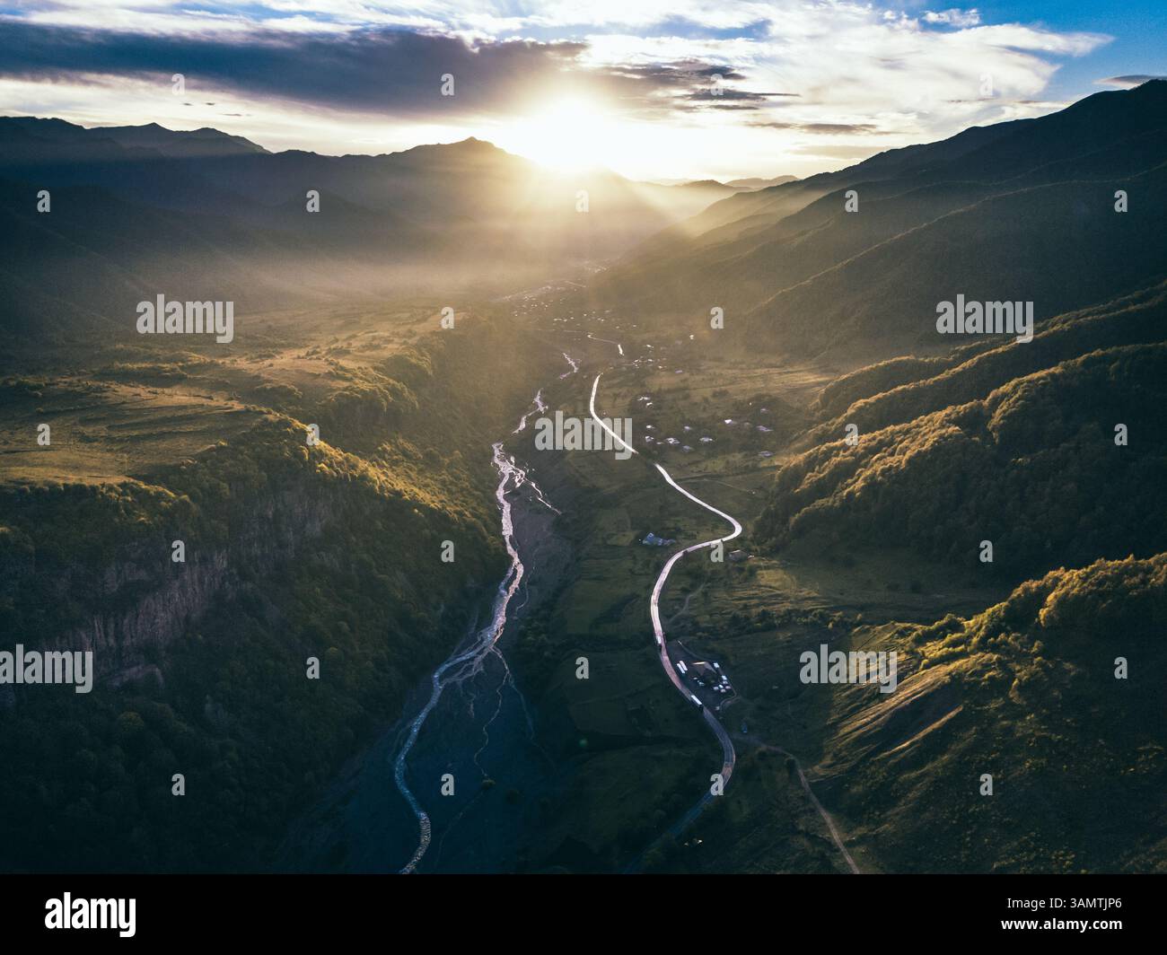 Aerial view of the mountain valley above the White Aragvi river and ...