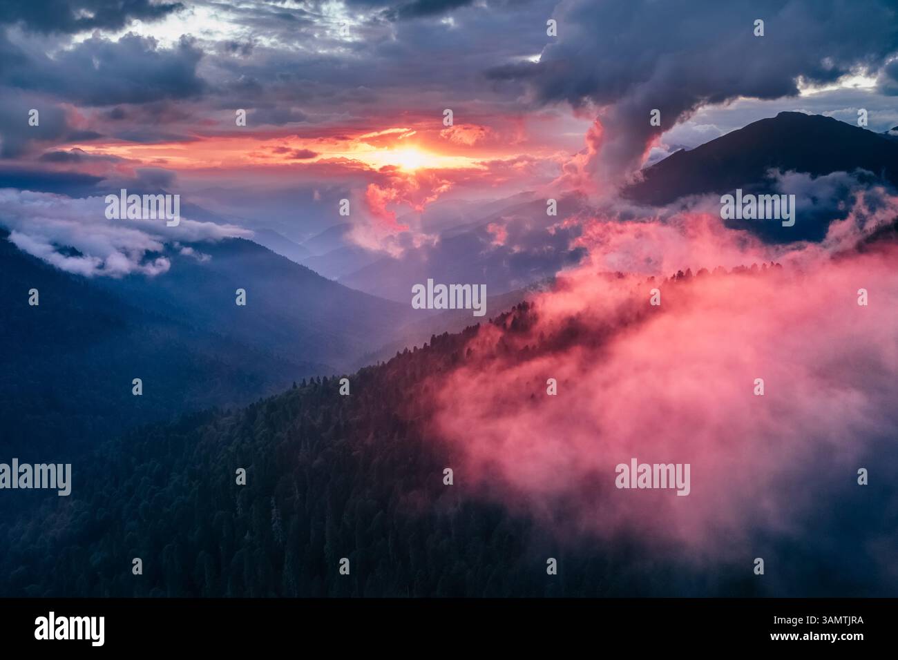 Aerial view of an epic sunset with mist above the forest in the ...