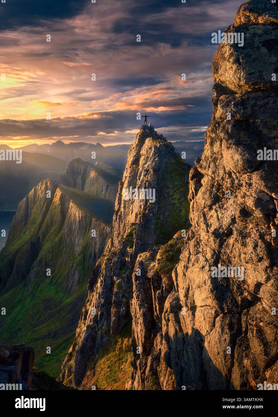 Aerial view of dramatic Segla mountain at sunset, Senja island, Norway ...