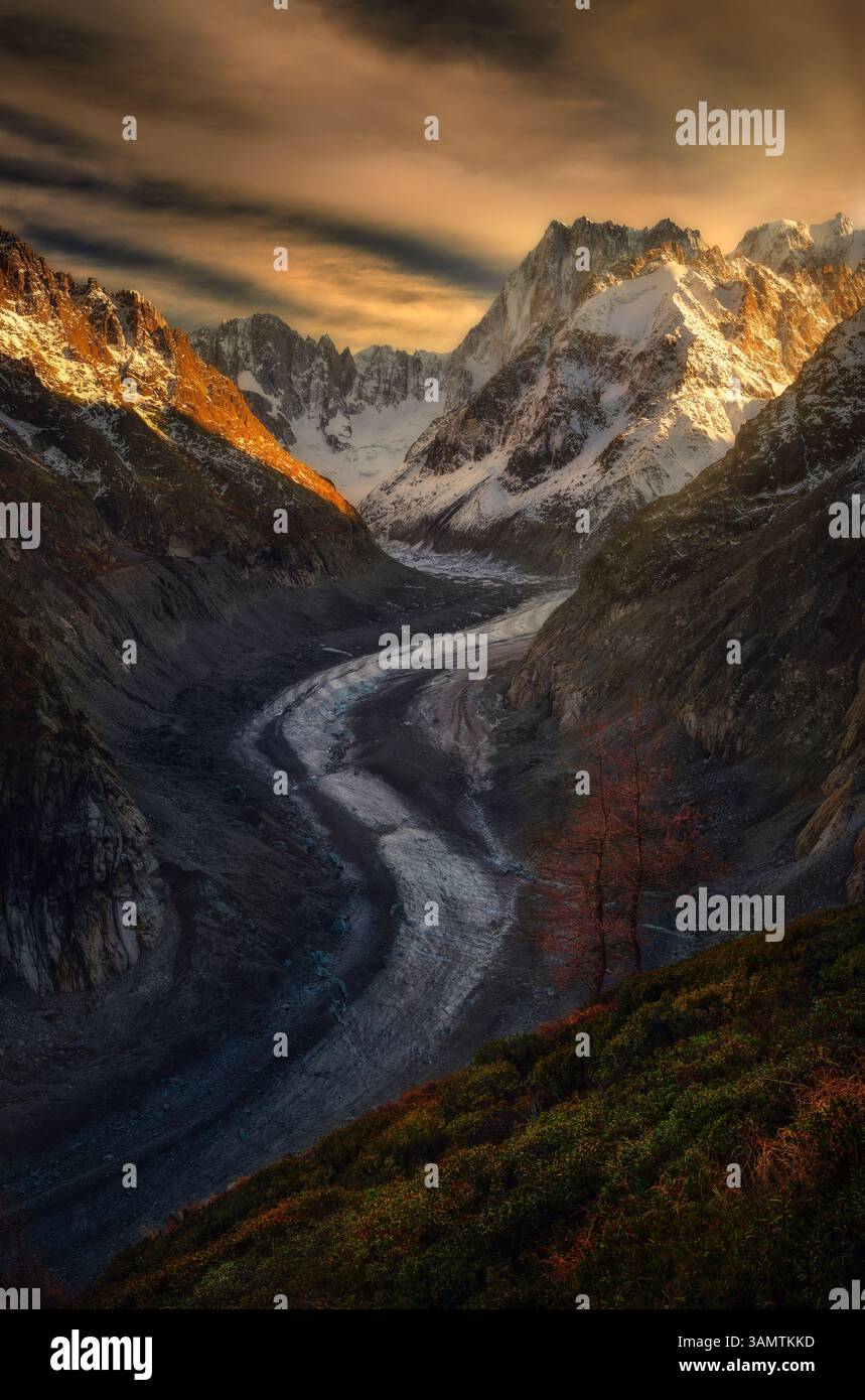 Aerial view of French Alps with glacier Mer de glace, Chamonix, France ...