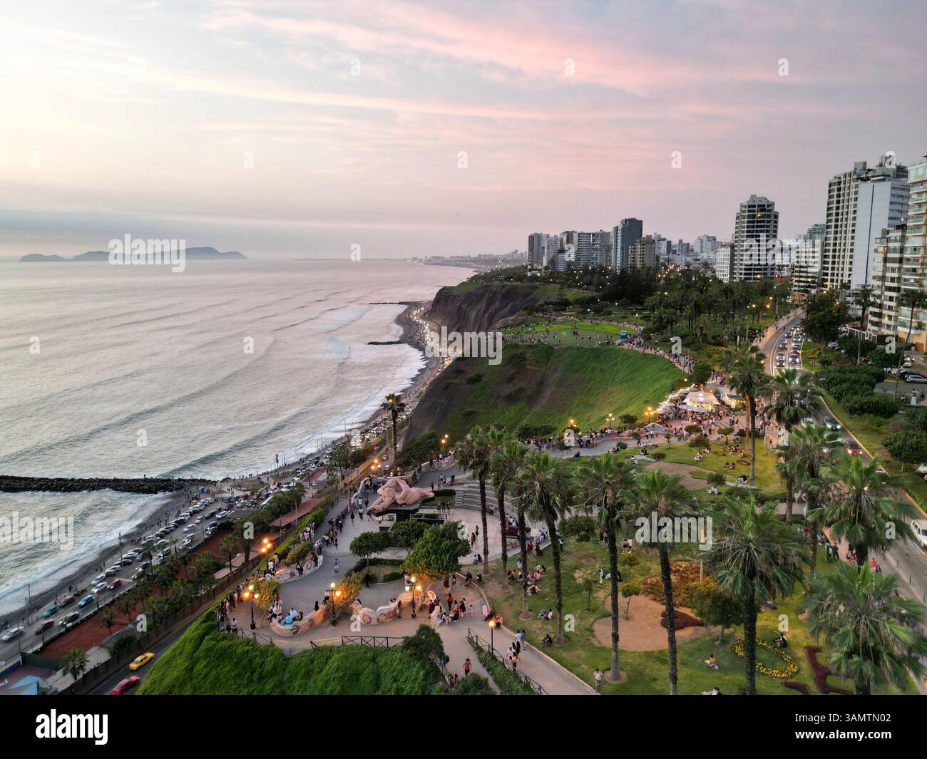 Aerial view of parques del amor with beautiful palm trees and ocean at ...