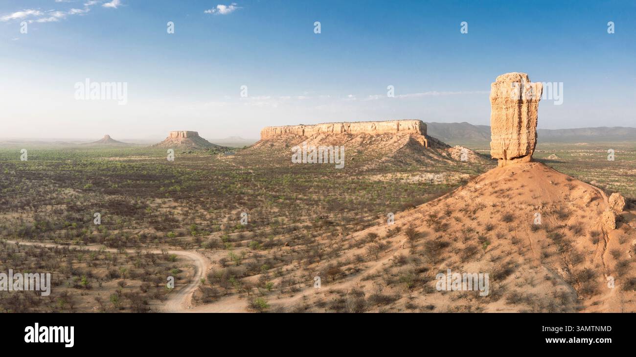 Aerial view of Vingerklip mountains in desert plateau, Kunene, Namibia ...