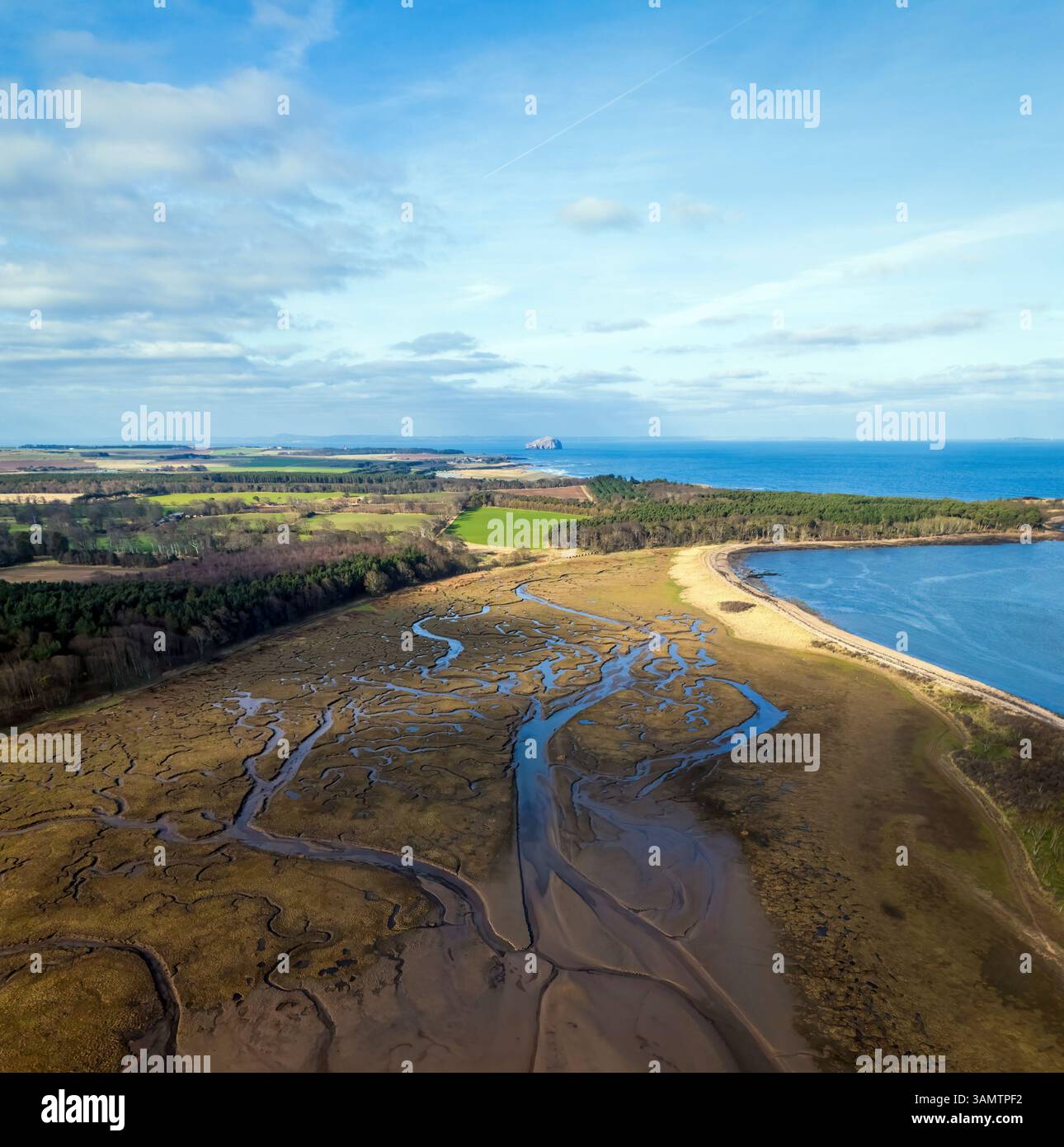 Aerial view of serene salt flats and meandering river Tyne Estuary with ...