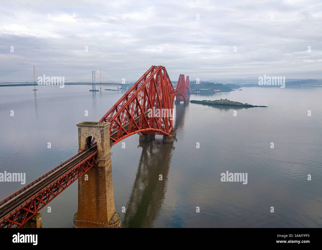 Aerial view of the iconic Forth Rail Bridge over the River Forth with ...
