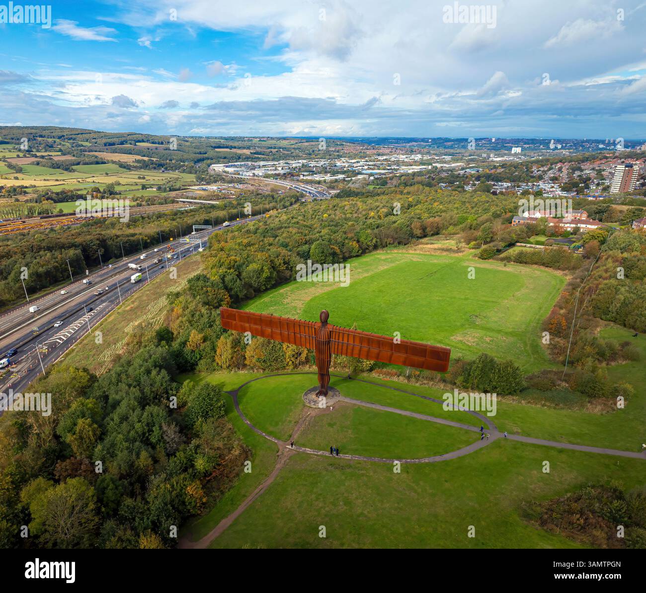 Aerial view of the iconic angel of the north sculpture surrounded by ...