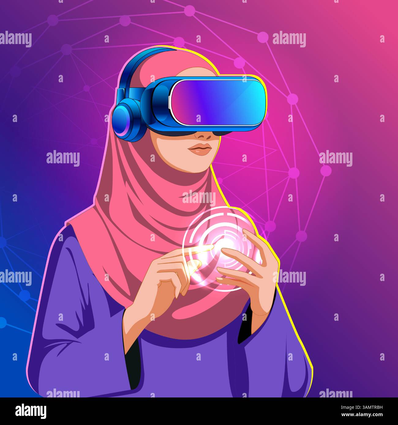 illustration of young Arab women wearing headset using modern augmented virtual reality ...