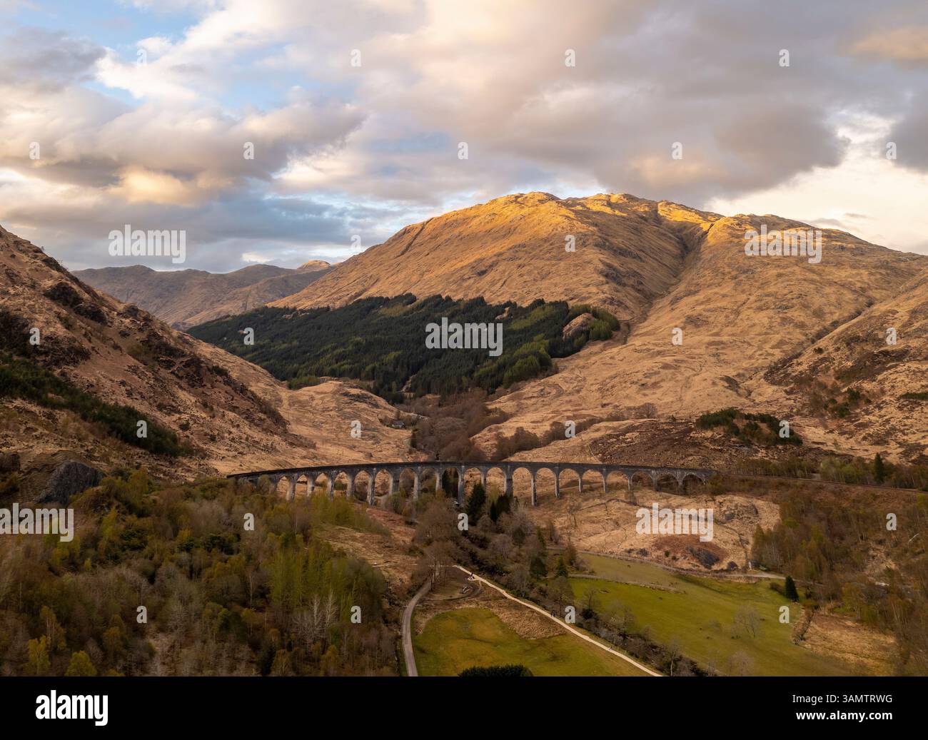 Aerial view of Glenfinnan Viaduct, Scottish Highlands, United Kingdom ...