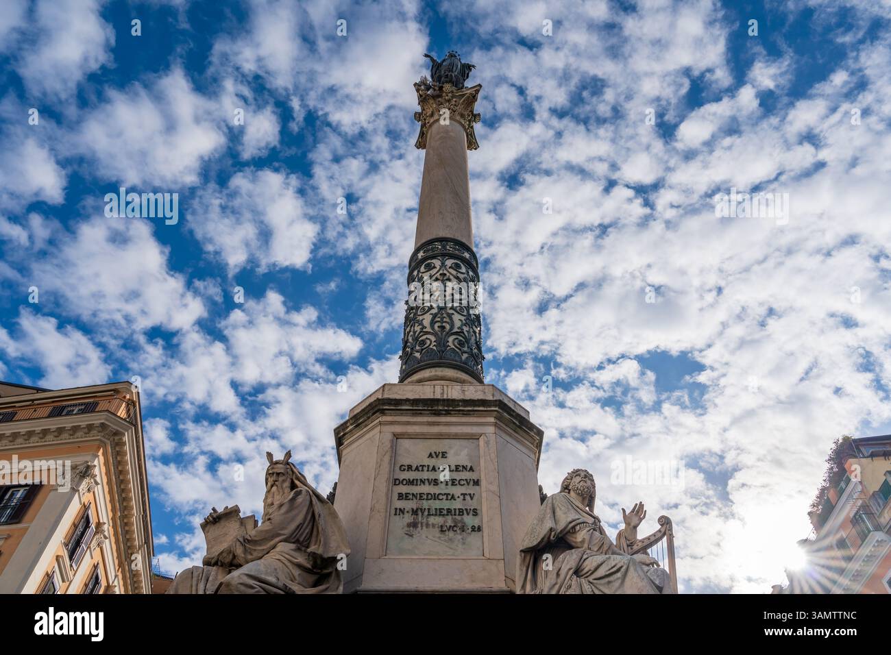 Decorative statues of old obelisk in Rome´s downtown viewed against a ...