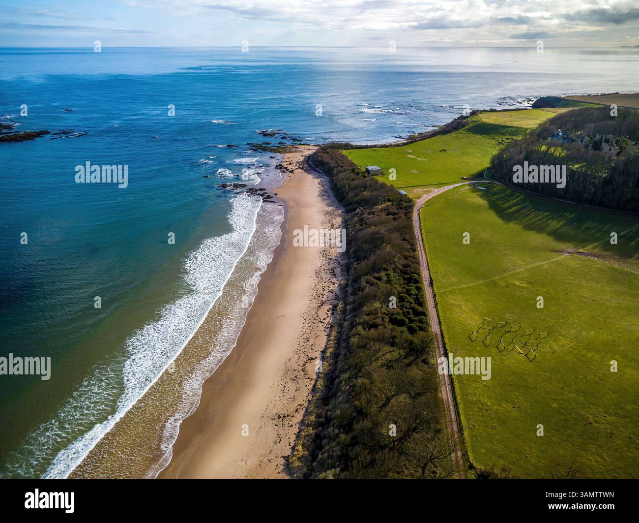 Aerial view of serene Seacliff Beach with greenery and shoreline, North ...