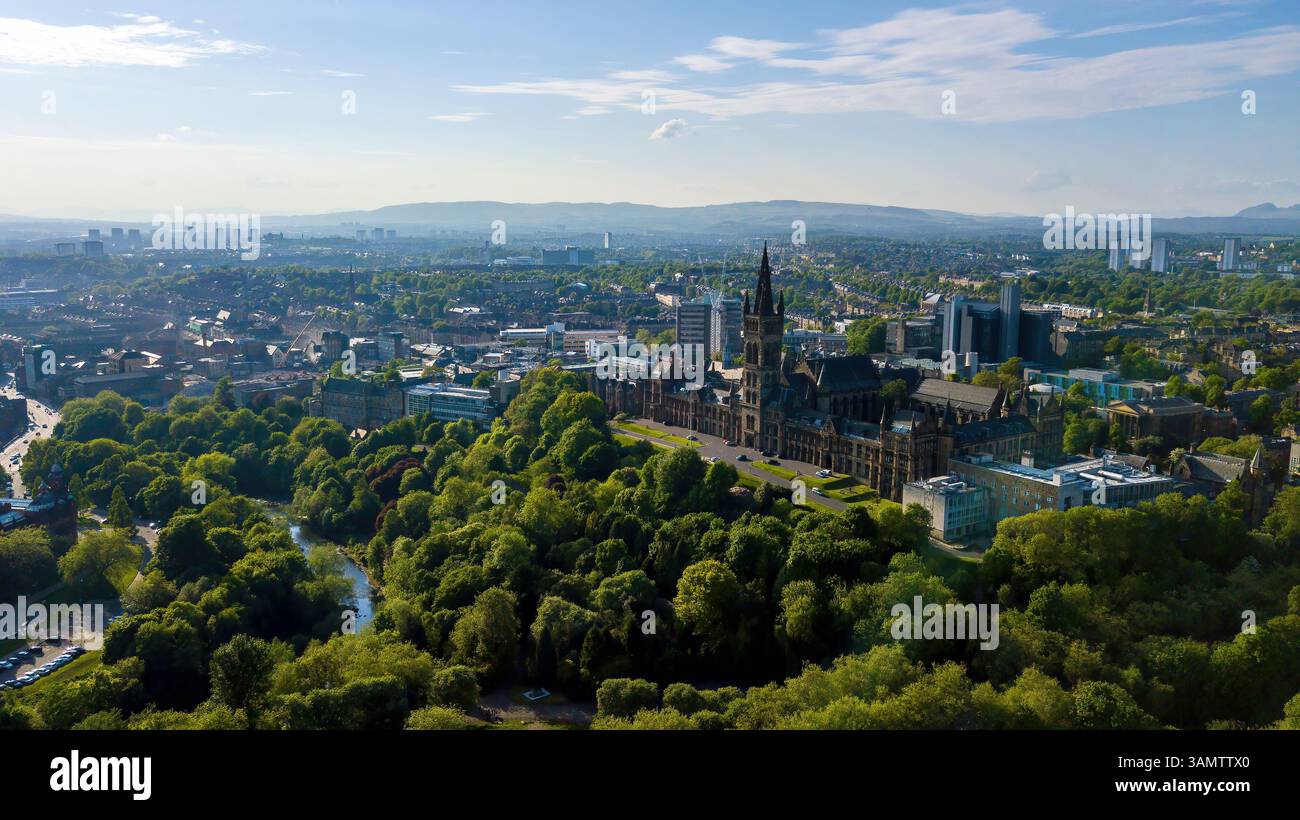 Aerial view of University of Glasgow surrounded by greenery and historical buildings, Glasgow ...