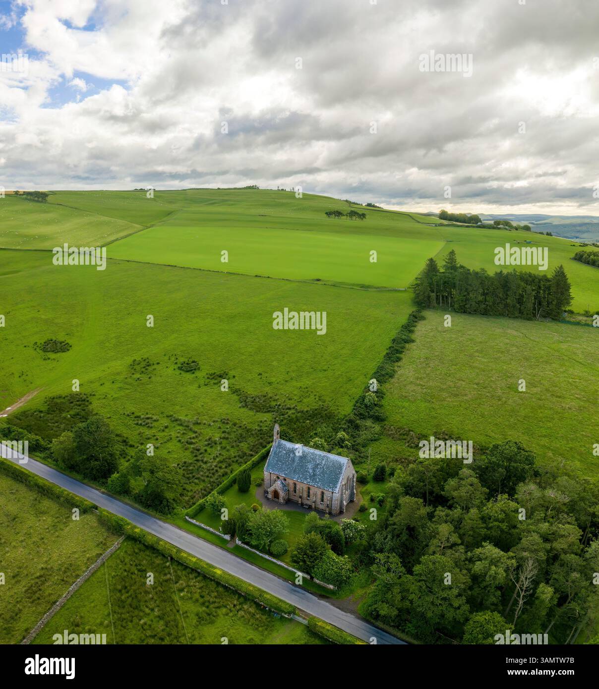 Aerial view of Southdean Kirk and countryside, Hawick, Scotland Stock ...
