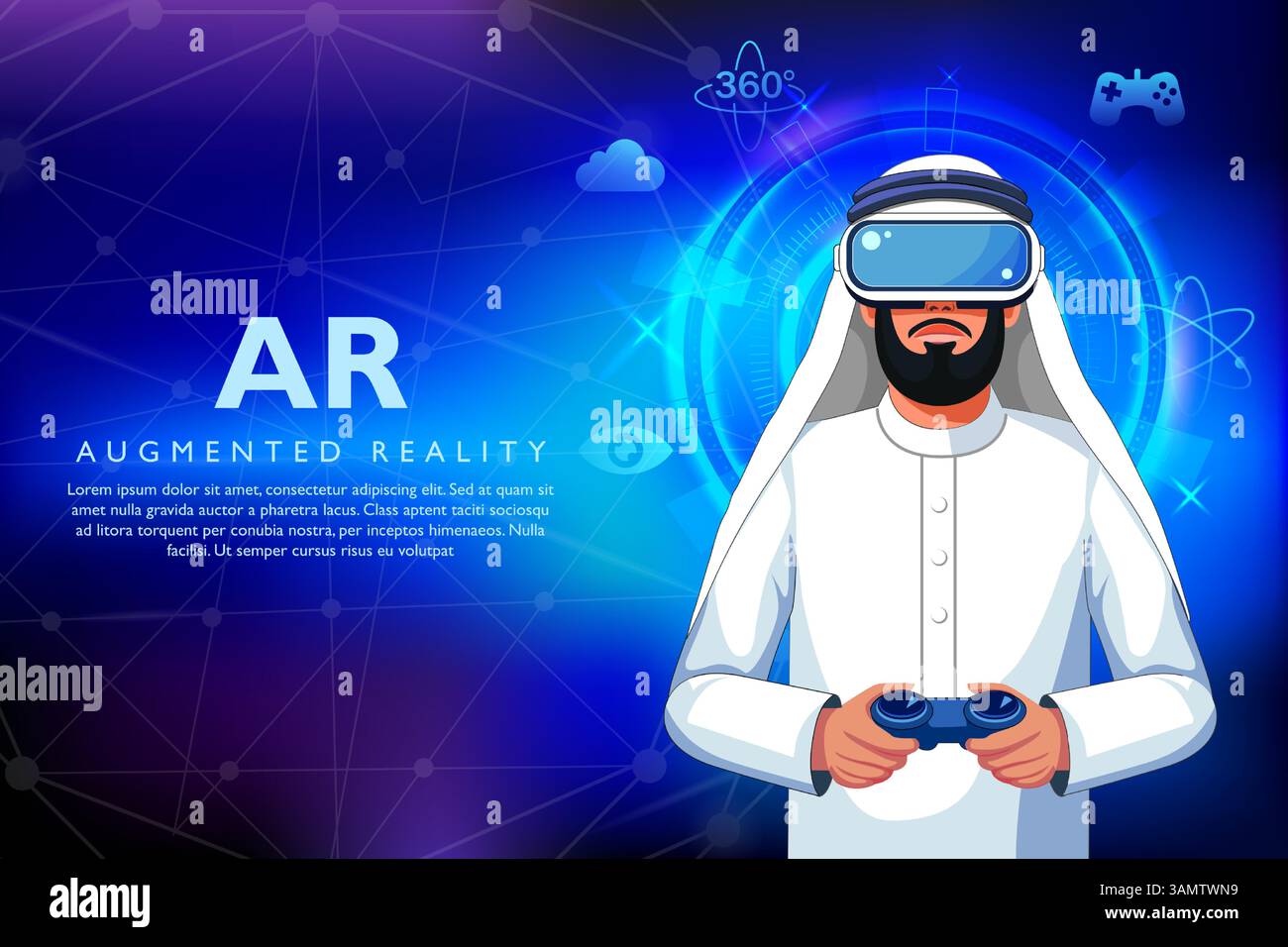 illustration of young Arab men wearing headset using modern augmented virtual reality technology ...