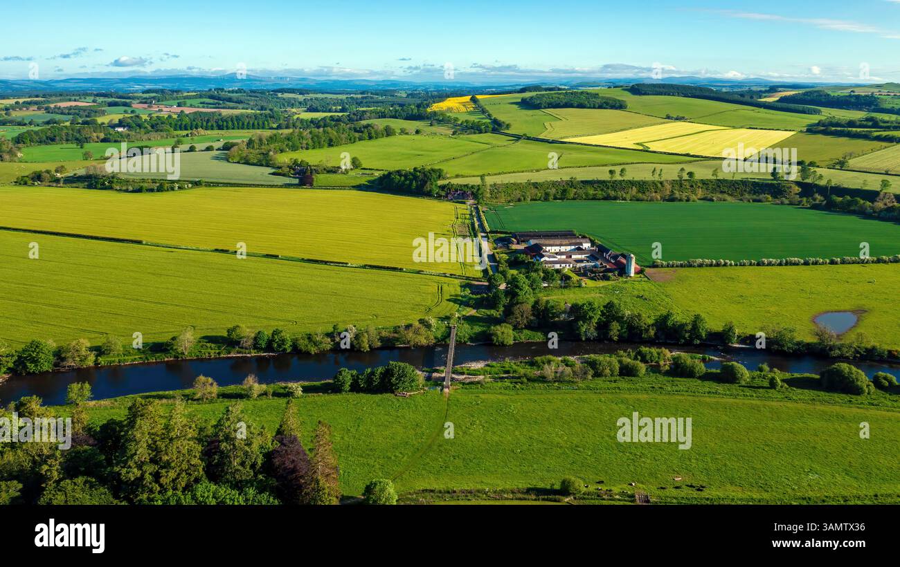 Aerial view of green farmland along River Annan, Lockerbie, Scotland ...