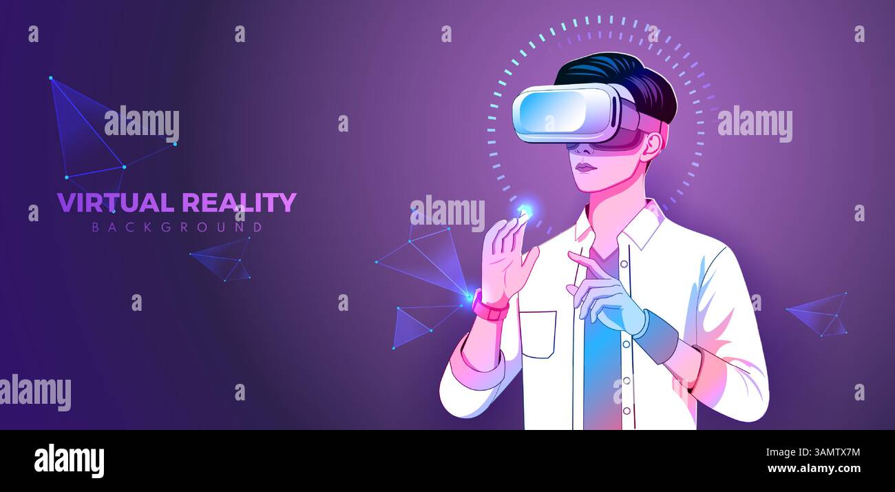 illustration of young men wearing headset using modern augmented ...