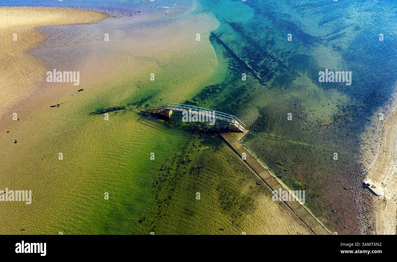 Aerial view of Bridge to Nowhere in Belhaven Bay, Dunbar, Scotland ...