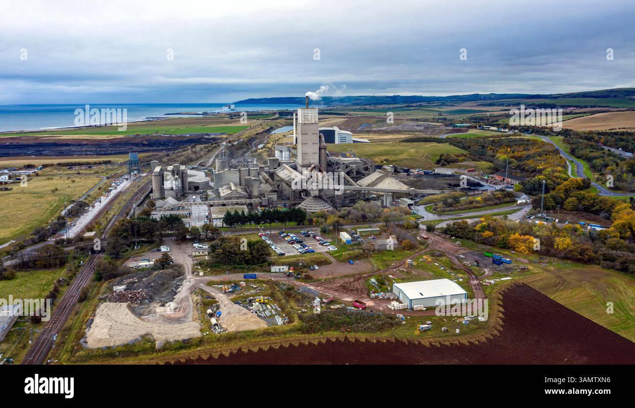 Aerial view of historic stone quarry in Dunbar, Scotland, United ...