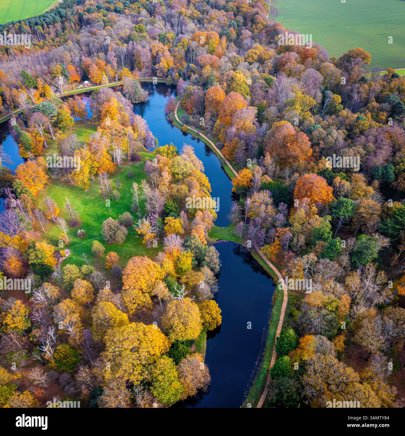 Aerial view of autumn woodland and water forms, Gosford Estate ...