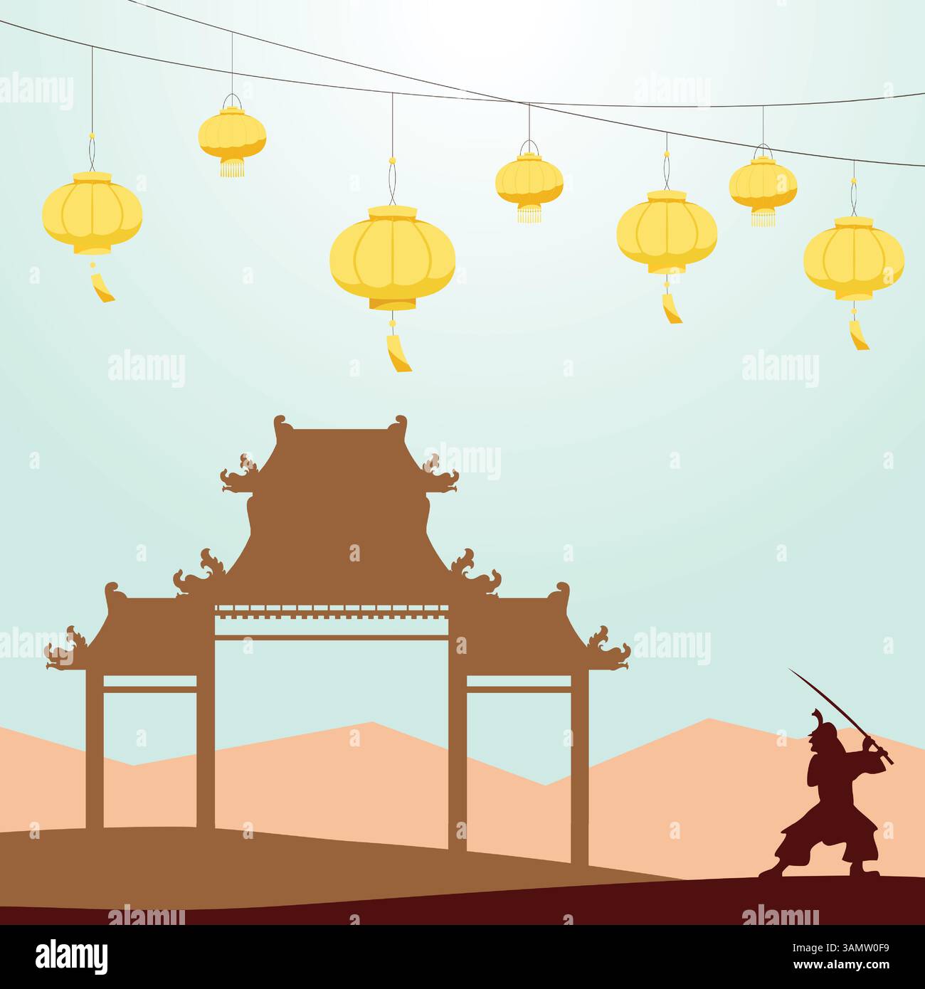 Minimalist Chinese architectural style archway, ancient Samurai, warriors, vector illustration ...