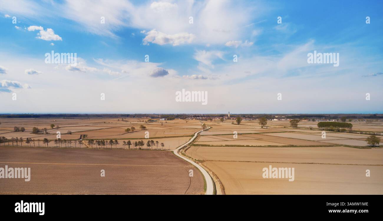 Aerial view of empty paddies waiting for the rain to fall during a ...