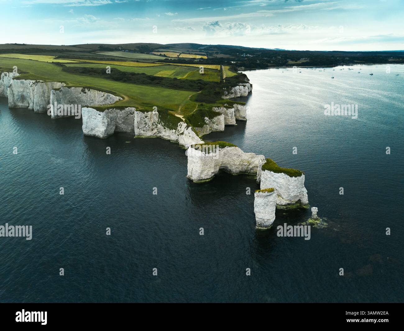 Aerial view of the iconic landmark of Old Harry Rocks and its white ...