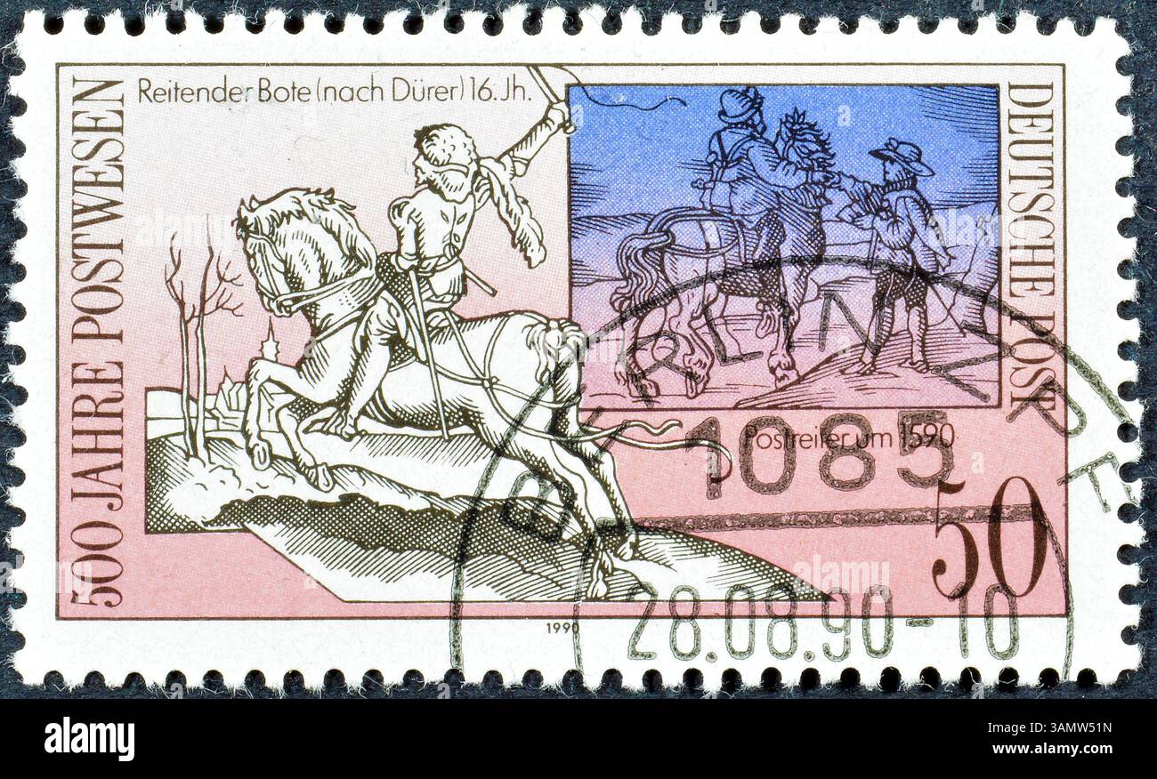 Cancelled postage stamp printed by Germany, that shows Postal Rider ...