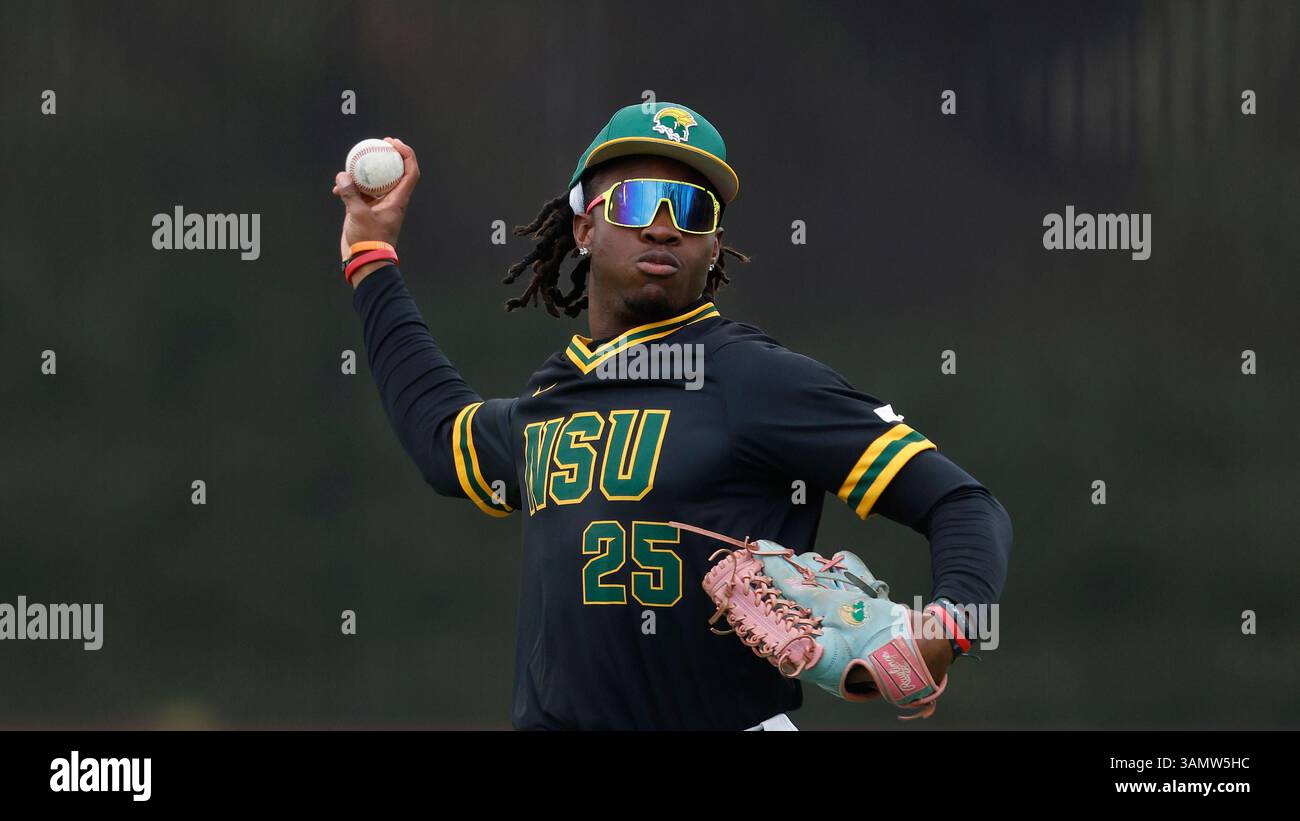 Norfolk St outfielder Jalan Jones (25) during an NCAA baseball game ...