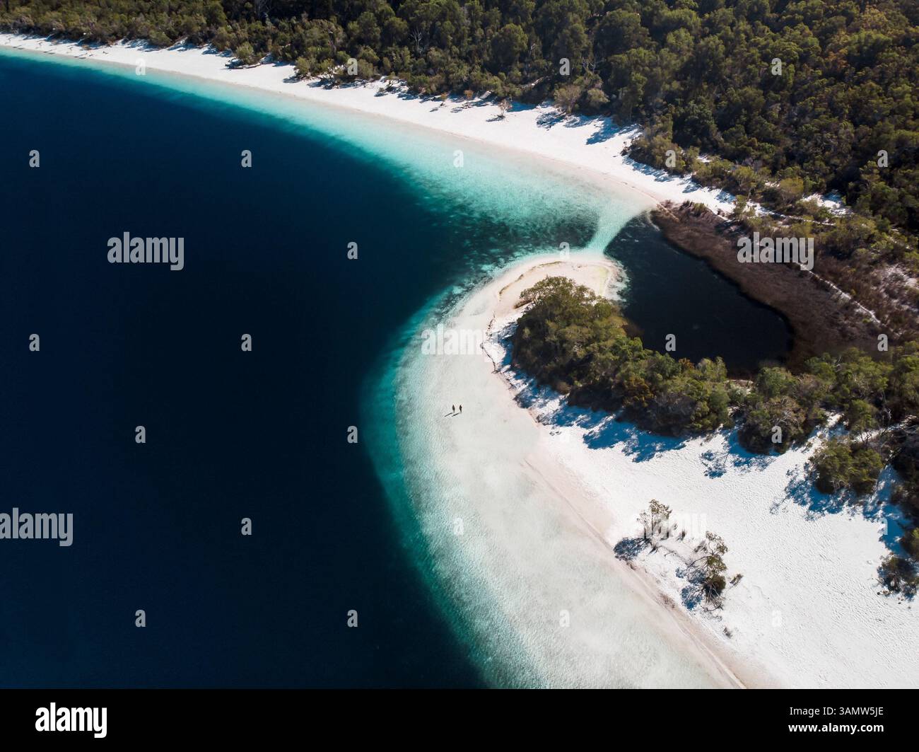 Aerial view of a couple walking on the beach at Lake McKenzie, Fraser ...