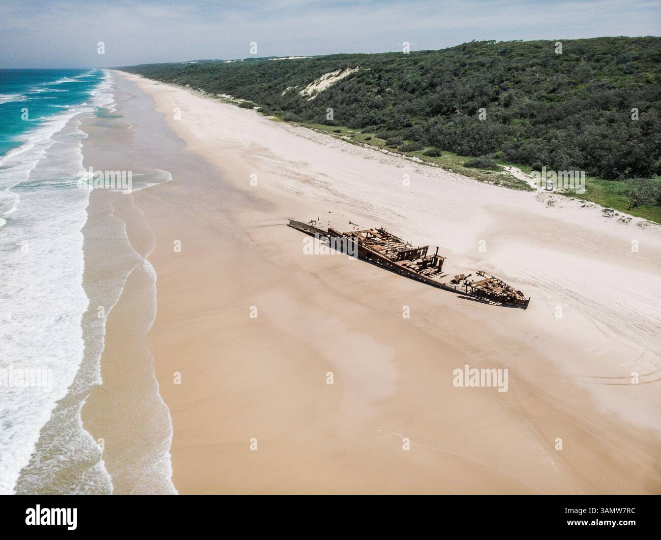 Aerial view of the Maheno Shipwreck washed up on the beach, Fraser ...