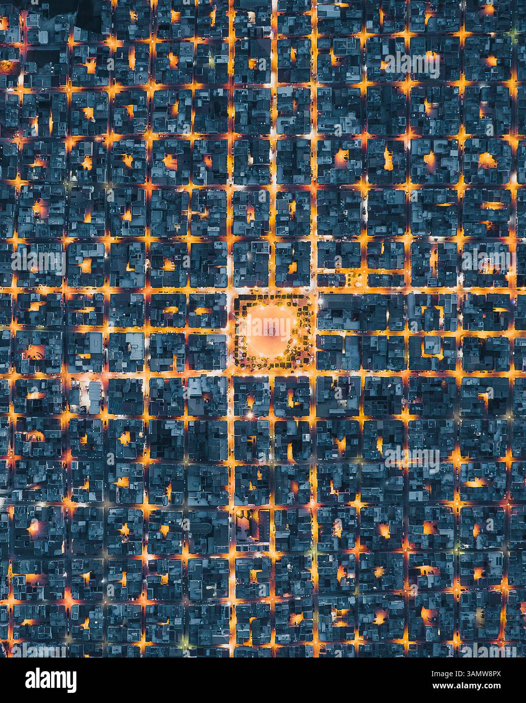 Aerial view of Pachino town city’s night architecture in Sicily, Italy ...