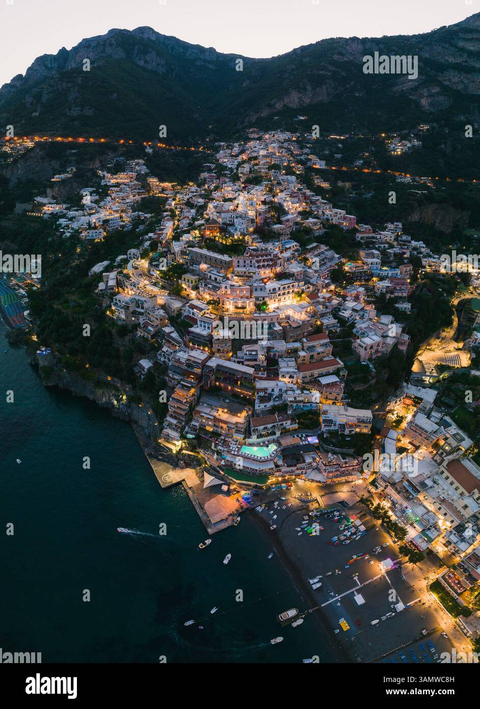 Aerial view of Positano at night, Amalfi Coast, Italy Stock Photo - Alamy