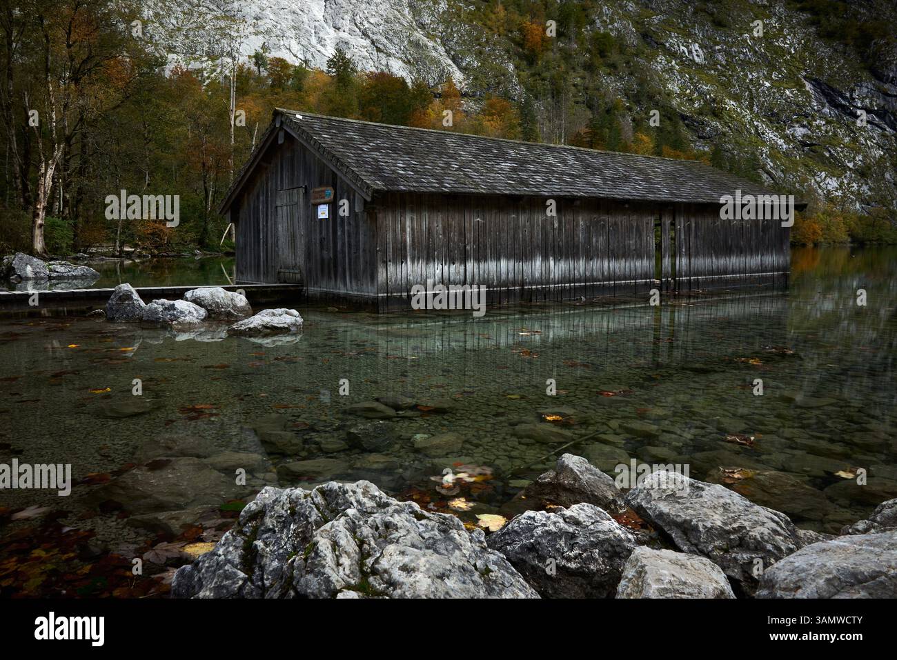 Famous traditional wooden boathouse on Lake Obersee, Fischunkelalm near ...