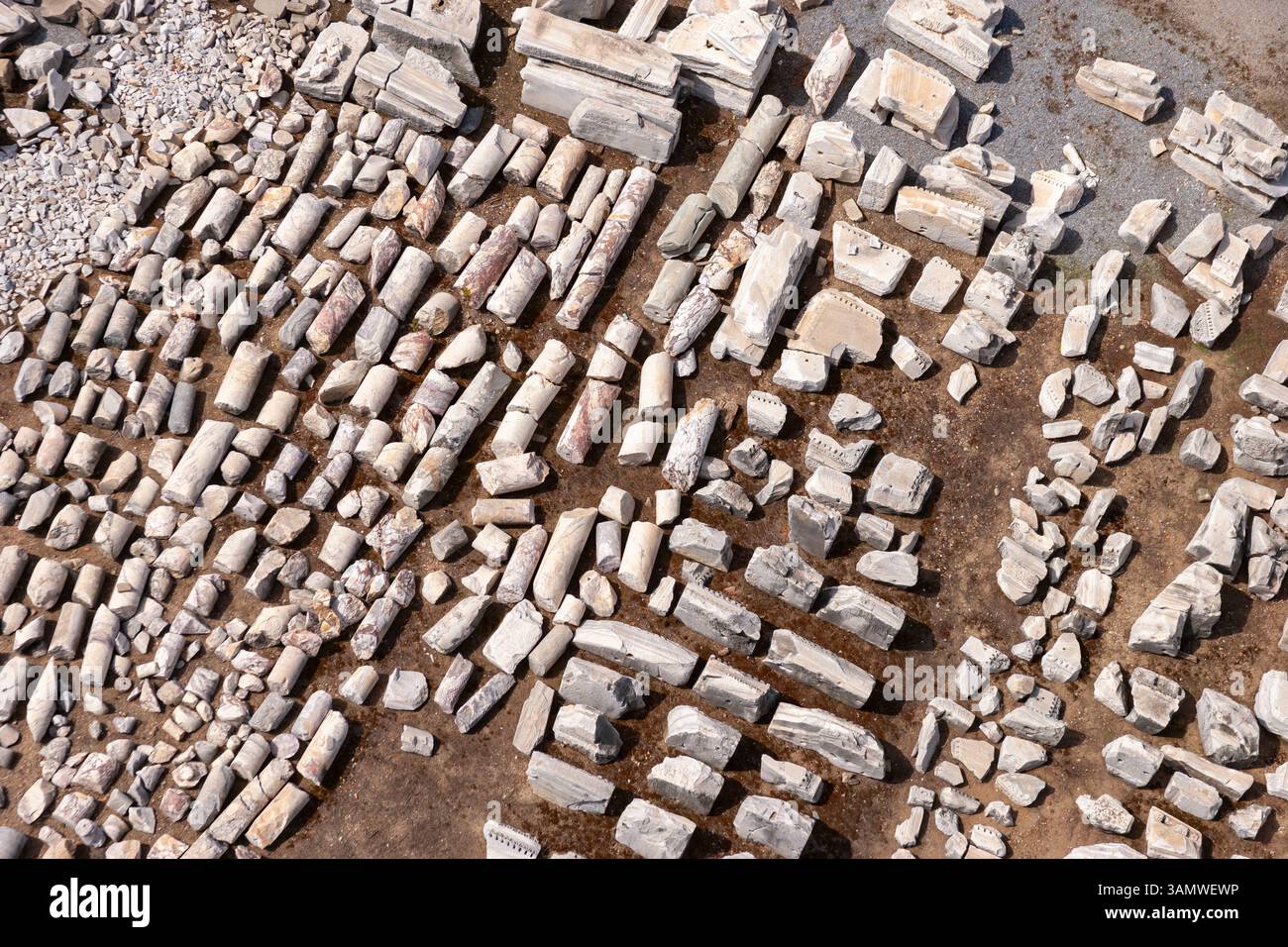 Aerial view of ancient stone ruins with columns and intricate patterns ...