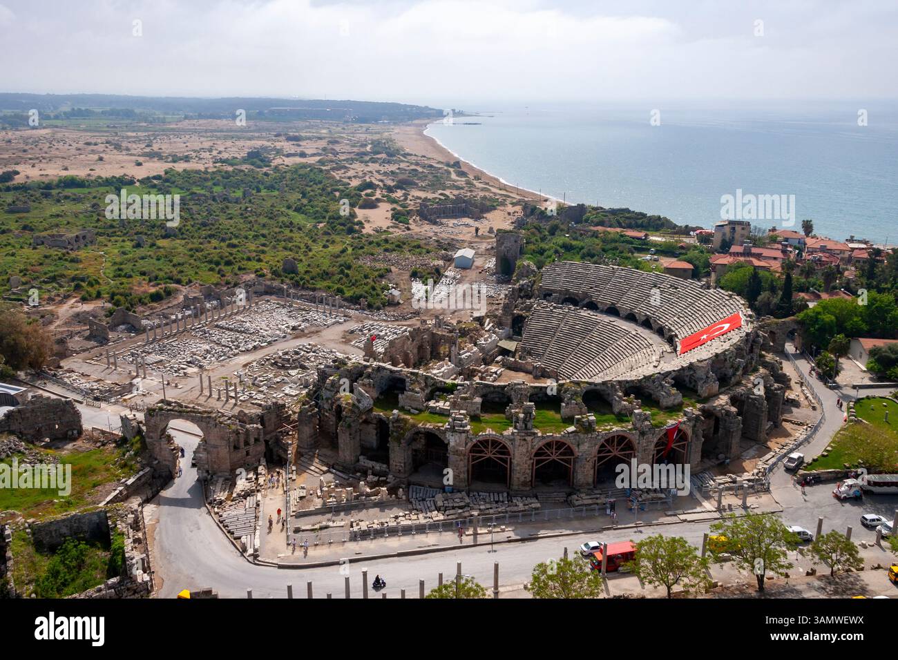 Aerial view of ancient ruins and the historic amphitheater along the ...