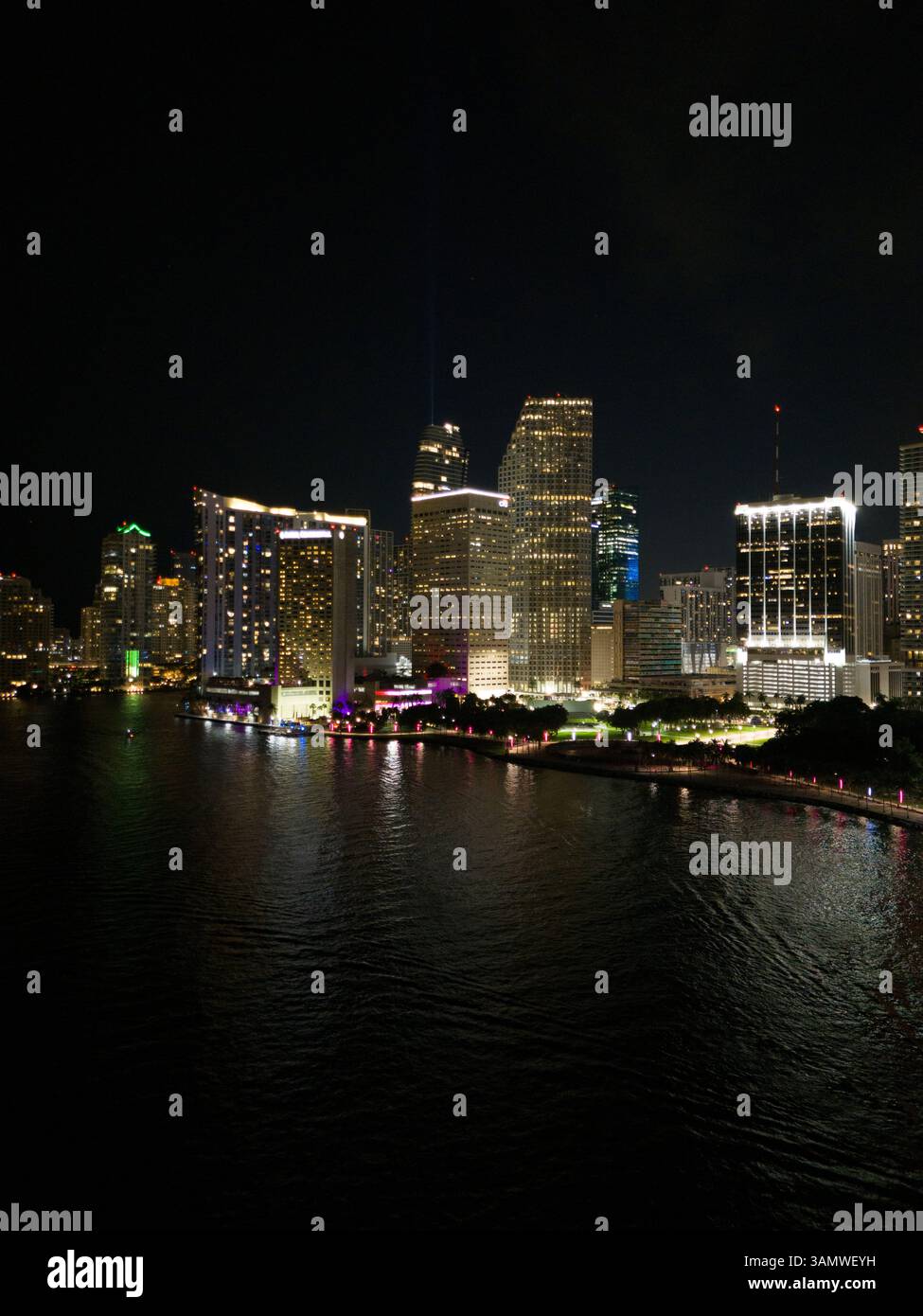 Aerial view of vibrant cityscape with illuminated skyscrapers and ...